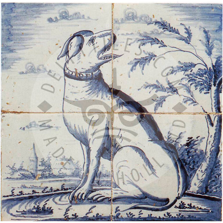 4 tile dog tile mural dated 1800 - Delft Tiles