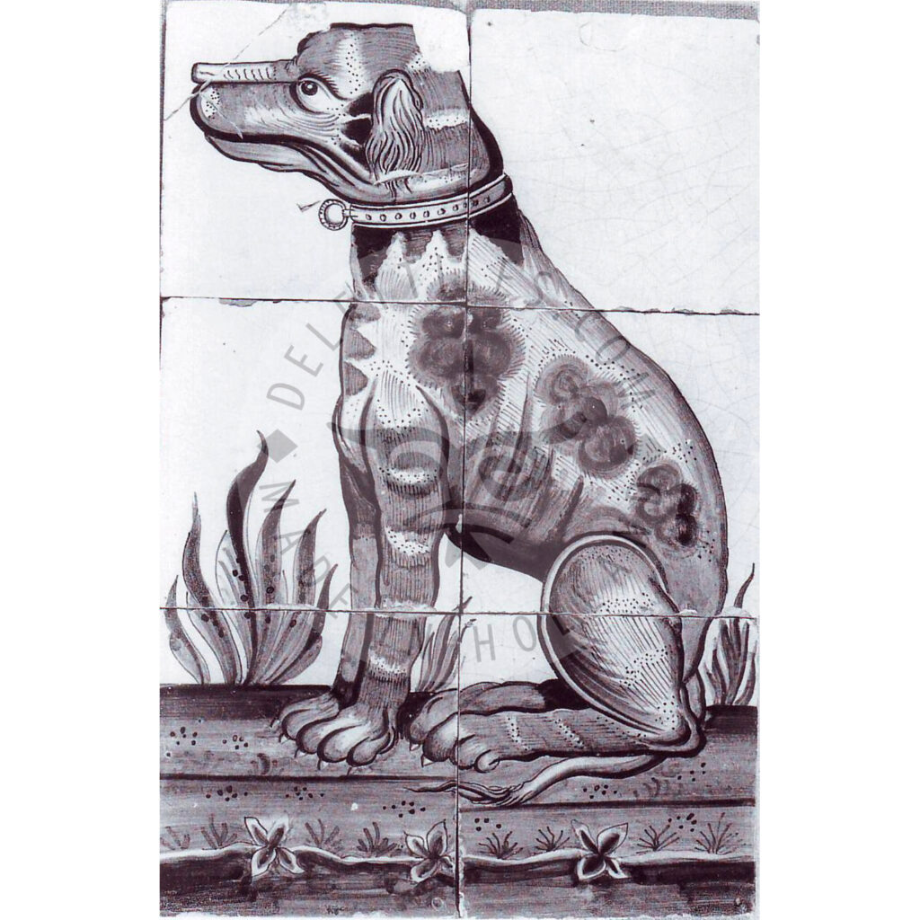 6 tile sitting dog tile panel dated 1800 - Delft Tiles