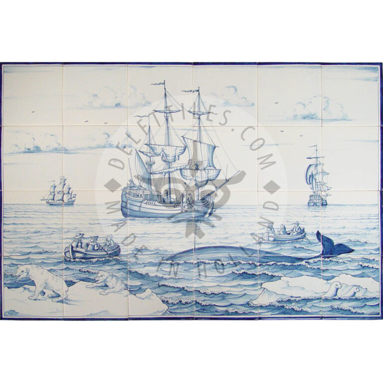 Ship & Whale Scene tile panel 6x4 tiles (S24c) - Delft Tiles