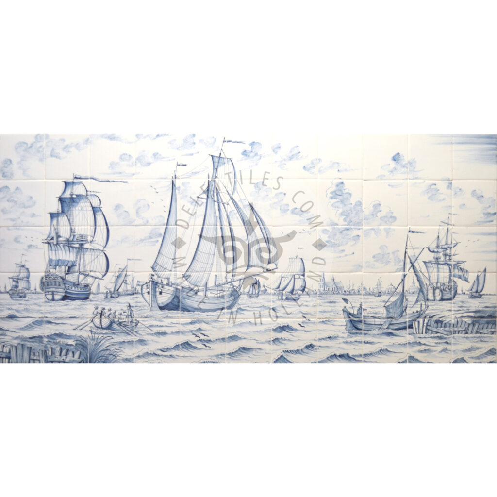 Ship & Boat Scene tile mural 11x5 tiles (S55) - Delft Tiles
