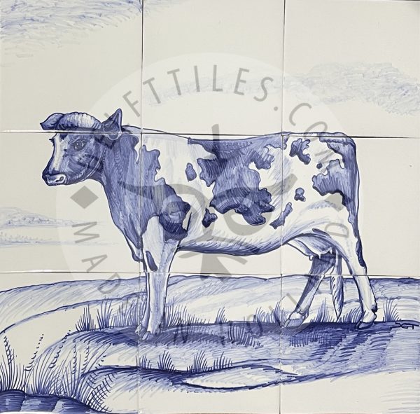Dutch Cow tile panel 3x3 tiles (D9a_s) Sepia - Delft Tiles