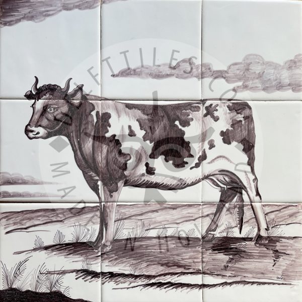 Dutch Cow tile panel 3x3 tiles (D9a_s) Sepia - Delft Tiles