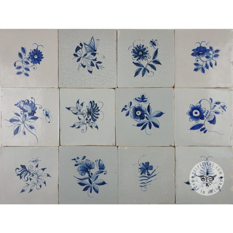 Antique Small Blue Dutch Flower Tiles 18th Century - Delft Tiles